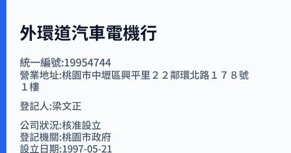 外環道汽車電機行的照片-統編 19954744(桃園市) 公司登記資料與營業項目詳細圖表