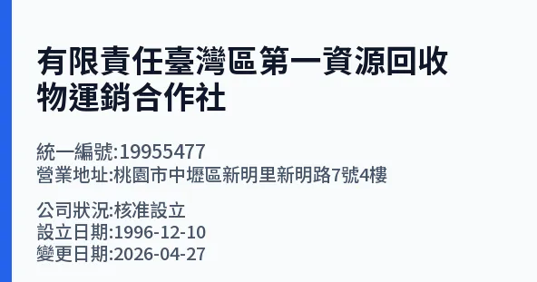 有限責任臺灣區第一資源回收物運銷合作社的照片-統編 19955477(桃園市) 公司登記資料與營業項目詳細圖表