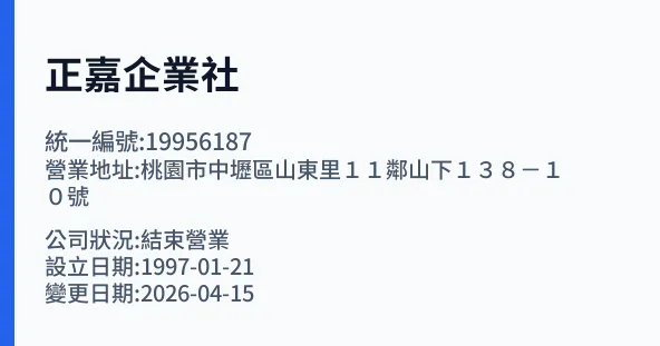 正嘉企業社的照片-統編 19956187(桃園市) 公司登記資料與營業項目詳細圖表