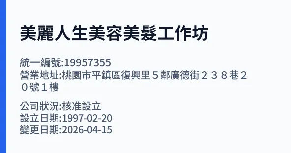 美麗人生美容美髮工作坊的照片-統編 19957355(桃園市) 公司登記資料與營業項目詳細圖表
