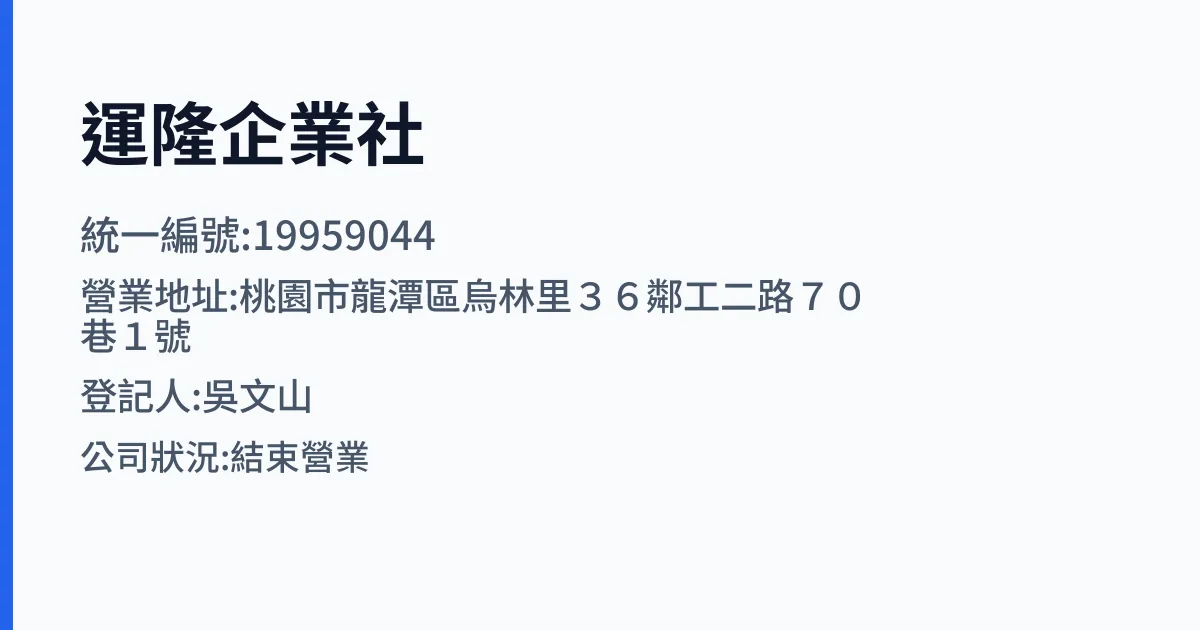 運隆企業社 - 統編 19959044(桃園市) 公司登記資料與營業項目詳細圖表