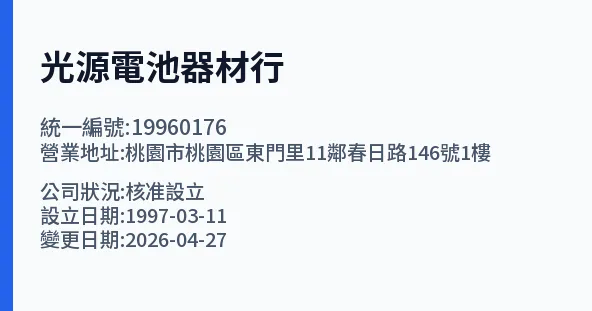光源電池器材行的照片-統編 19960176(桃園市) 公司登記資料與營業項目詳細圖表