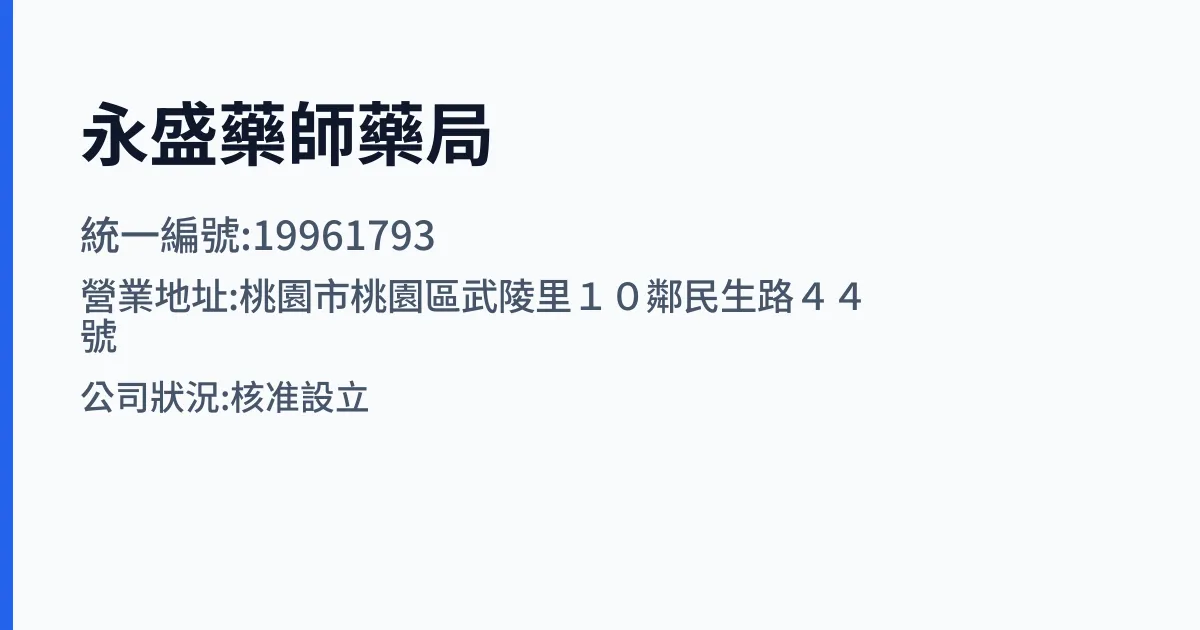 永盛藥師藥局 - 統編 19961793(桃園市) 公司登記資料與營業項目詳細圖表