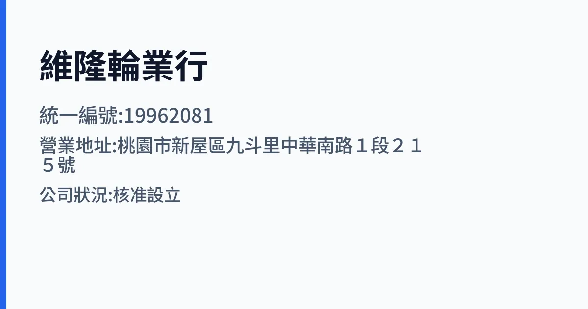 維隆輪業行 - 統編 19962081(桃園市) 公司登記資料與營業項目詳細圖表