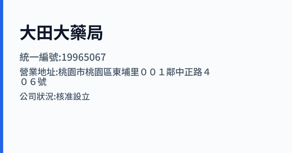 大田大藥局 - 統編 19965067(桃園市) 公司登記資料與營業項目詳細圖表