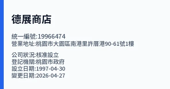 德展商店的照片-統編 19966474(桃園市) 公司登記資料與營業項目詳細圖表