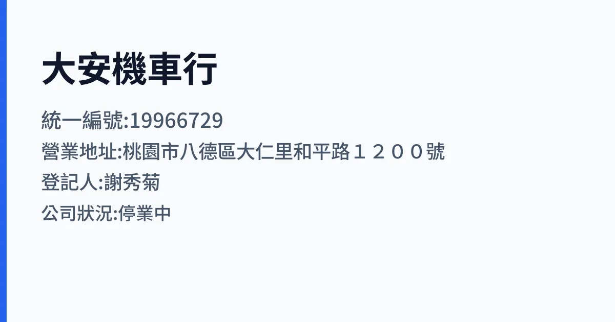 大安機車行 - 統編 19966729(桃園市) 公司登記資料與營業項目詳細圖表