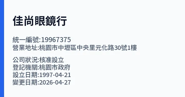 佳尚眼鏡行的照片-統編 19967375(桃園市) 公司登記資料與營業項目詳細圖表