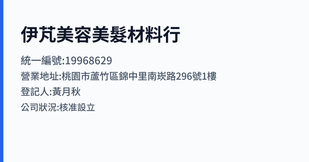 伊芃美容美髮材料行 - 統編 19968629(桃園市) 公司登記資料與營業項目詳細圖表