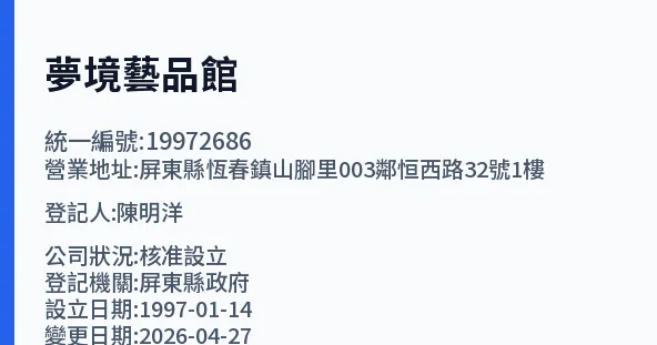 夢境藝品館的照片-統編 19972686(屏東縣) 公司登記資料與營業項目詳細圖表