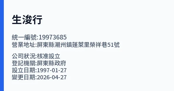 生浚行的照片-統編 19973685(屏東縣) 公司登記資料與營業項目詳細圖表