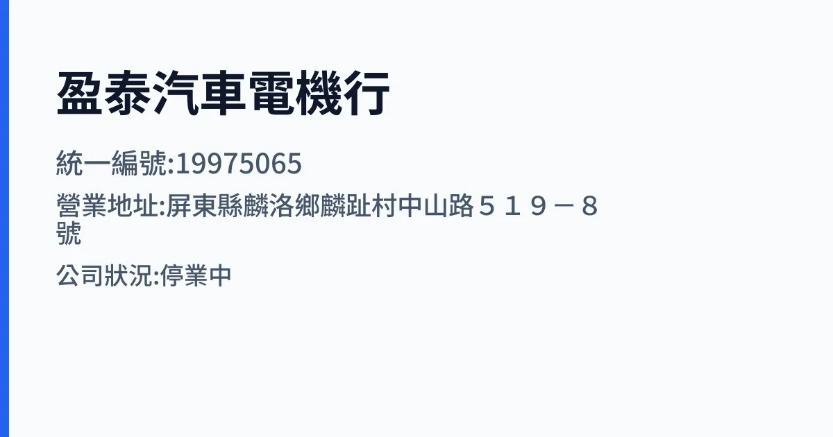 盈泰汽車電機行 - 統編 19975065(屏東縣) 公司登記資料與營業項目詳細圖表