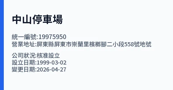 中山停車場的照片-統編 19975950(屏東縣) 公司登記資料與營業項目詳細圖表