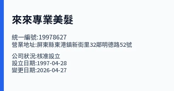 來來專業美髮的照片-統編 19978627(屏東縣) 公司登記資料與營業項目詳細圖表