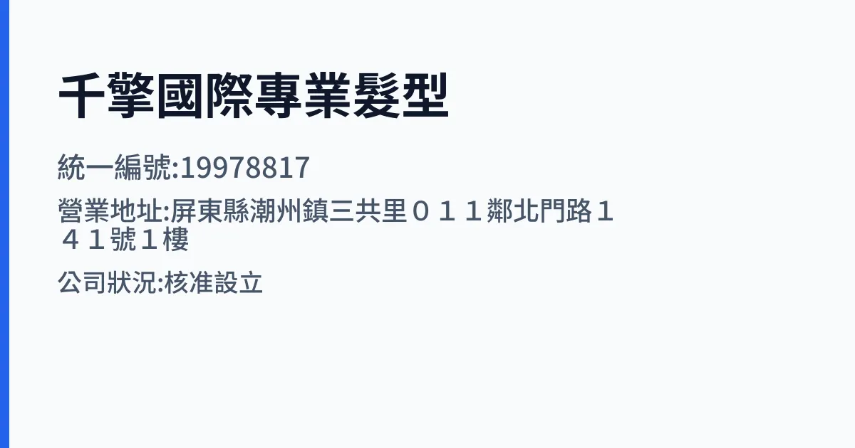 千擎國際專業髮型 - 統編 19978817(屏東縣) 公司登記資料與營業項目詳細圖表