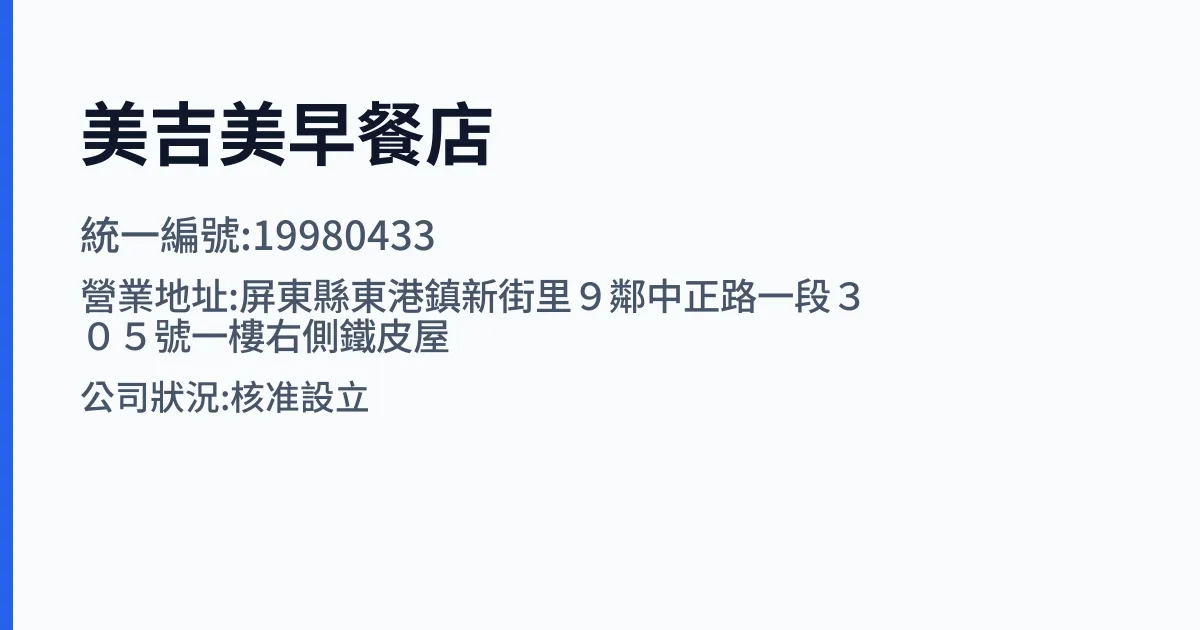 美吉美早餐店 - 統編 19980433(屏東縣) 公司登記資料與營業項目詳細圖表