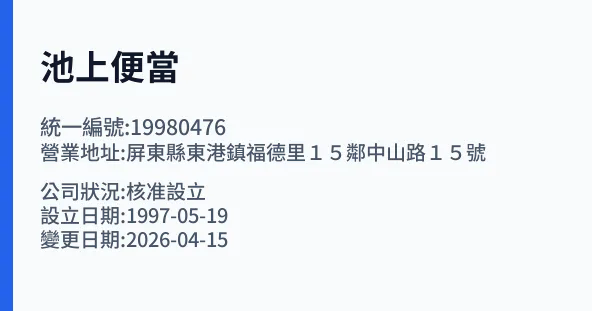 池上便當的照片-統編 19980476(屏東縣) 公司登記資料與營業項目詳細圖表