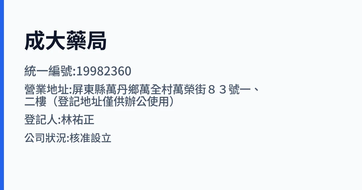 成大藥局 - 統編 19982360(屏東縣) 公司登記資料與營業項目詳細圖表