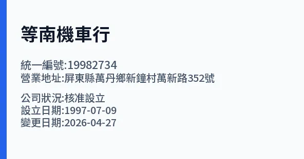 等南機車行的照片-統編 19982734(屏東縣) 公司登記資料與營業項目詳細圖表