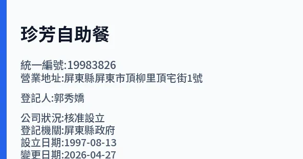 珍芳自助餐的照片-統編 19983826(屏東縣) 公司登記資料與營業項目詳細圖表