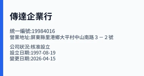 傳達企業行的照片-統編 19984016(屏東縣) 公司登記資料與營業項目詳細圖表