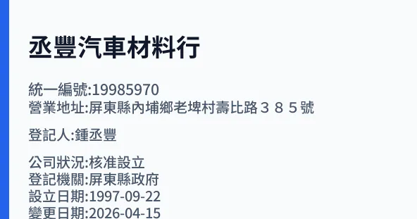 丞豐汽車材料行的照片-統編 19985970(屏東縣) 公司登記資料與營業項目詳細圖表