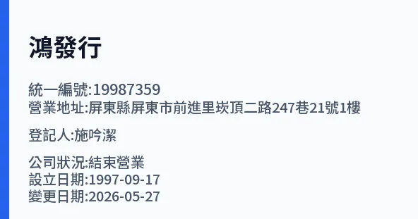 鴻發行的照片-統編 19987359(屏東縣) 公司登記資料與營業項目詳細圖表