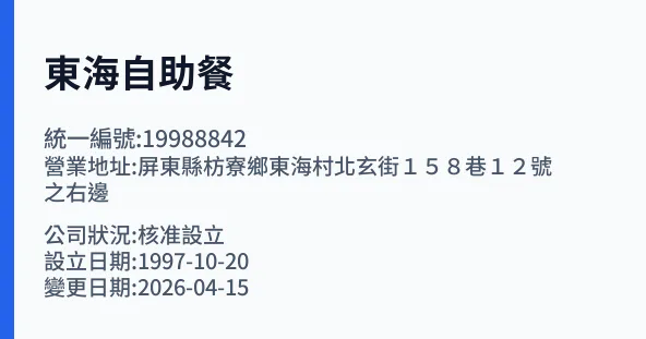 東海自助餐的照片-統編 19988842(屏東縣) 公司登記資料與營業項目詳細圖表