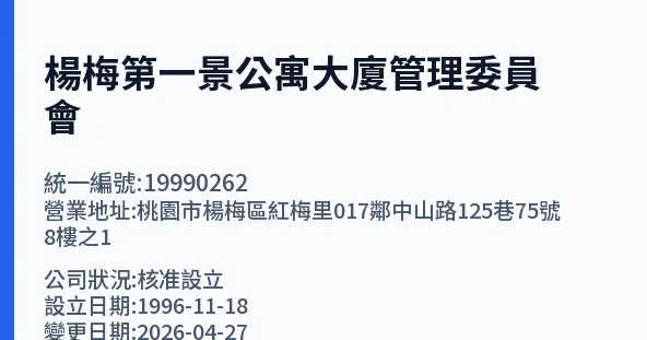 楊梅第一景公寓大廈管理委員會的照片-統編 19990262(桃園市) 公司登記資料與營業項目詳細圖表