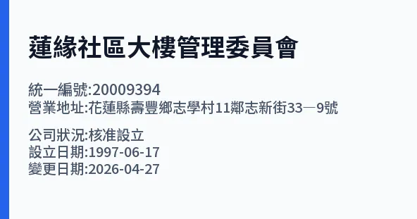 蓮緣社區大樓管理委員會的照片-統編 20009394(花蓮縣) 公司登記資料與營業項目詳細圖表