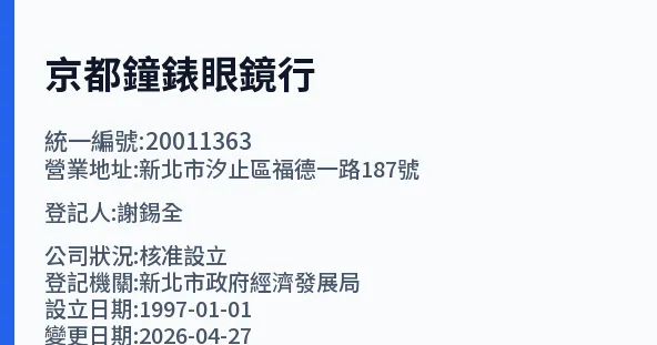 京都鐘錶眼鏡行的照片-統編 20011363(新北市) 公司登記資料與營業項目詳細圖表
