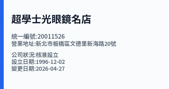 超學士光眼鏡名店的照片-統編 20011526(新北市) 公司登記資料與營業項目詳細圖表