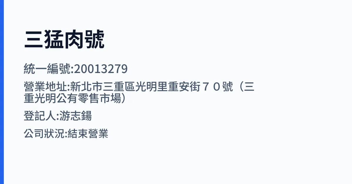 三猛肉號 - 統編 20013279(新北市) 公司登記資料與營業項目詳細圖表
