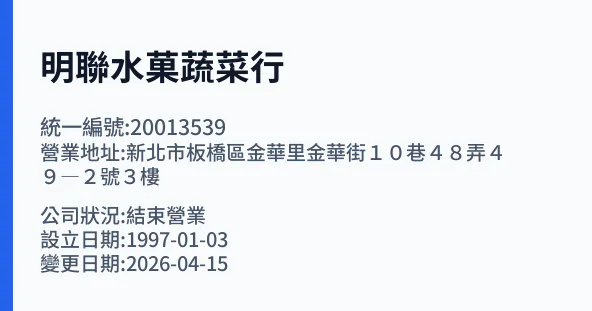 明聯水菓蔬菜行的照片-統編 20013539(新北市) 公司登記資料與營業項目詳細圖表