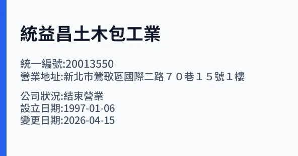 統益昌土木包工業的照片-統編 20013550(新北市) 公司登記資料與營業項目詳細圖表