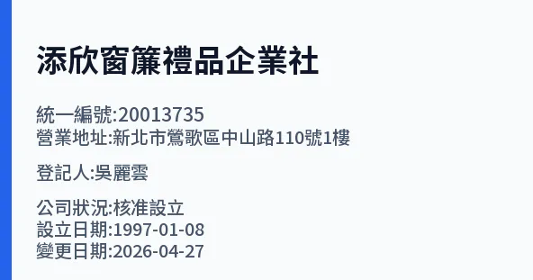 添欣窗簾禮品企業社的照片-統編 20013735(新北市) 公司登記資料與營業項目詳細圖表