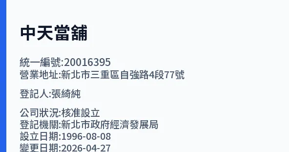 中天當舖的照片-統編 20016395(新北市) 公司登記資料與營業項目詳細圖表