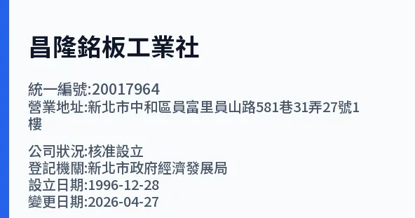 昌隆銘板工業社的照片-統編 20017964(新北市) 公司登記資料與營業項目詳細圖表