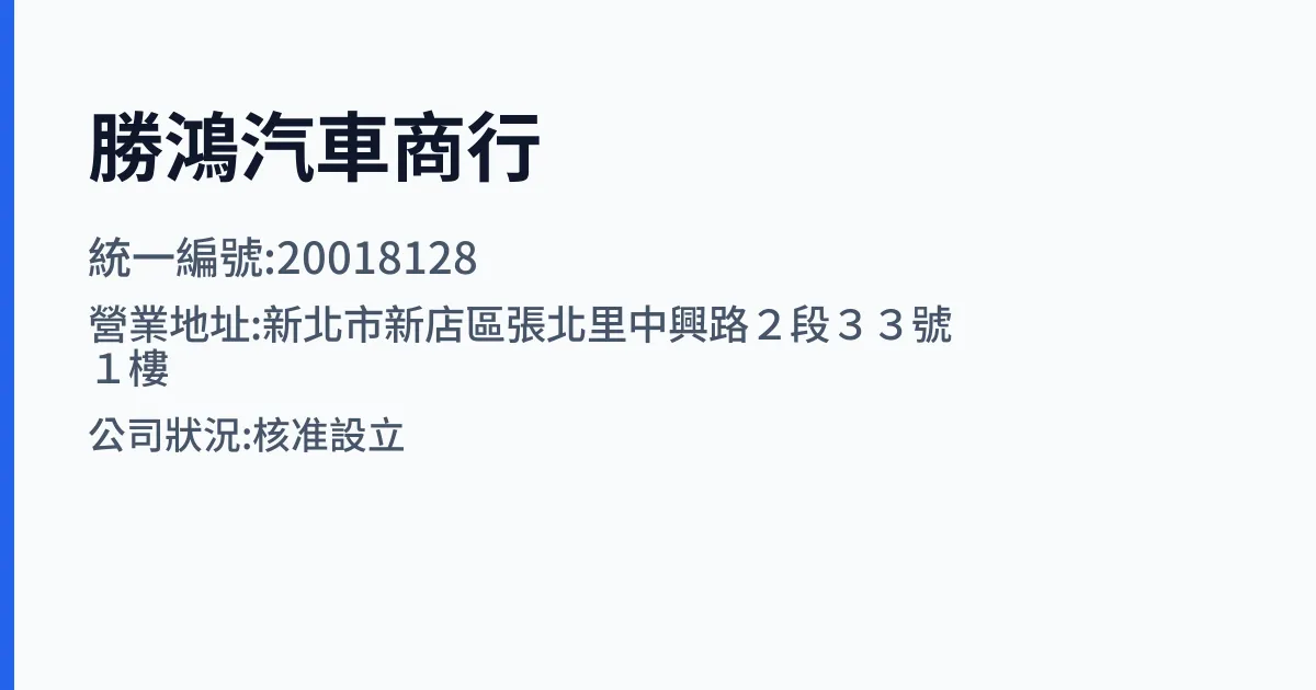 勝鴻汽車商行 - 統編 20018128(新北市) 公司登記資料與營業項目詳細圖表