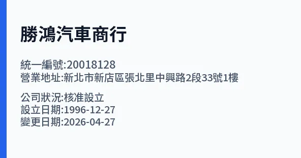 勝鴻汽車商行的照片-統編 20018128(新北市) 公司登記資料與營業項目詳細圖表