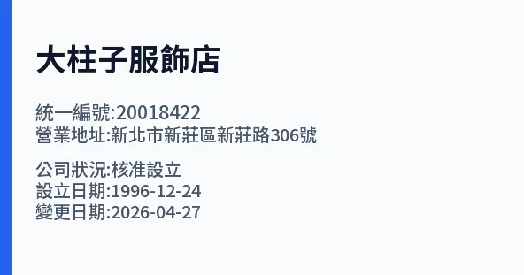 大柱子服飾店的照片-統編 20018422(新北市) 公司登記資料與營業項目詳細圖表