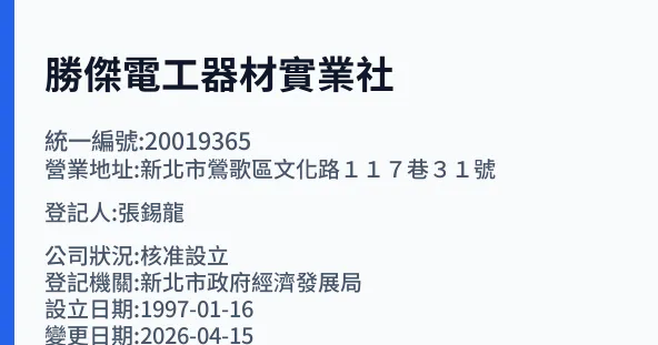 勝傑電工器材實業社的照片-統編 20019365(新北市) 公司登記資料與營業項目詳細圖表