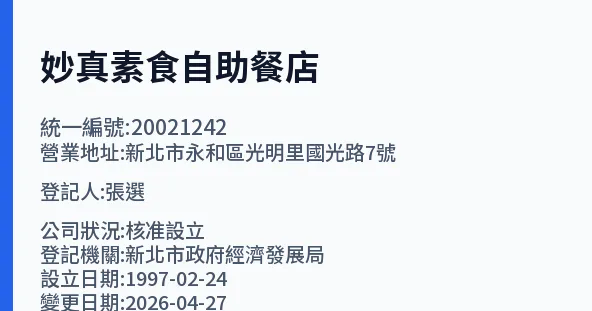 妙真素食自助餐店的照片-統編 20021242(新北市) 公司登記資料與營業項目詳細圖表