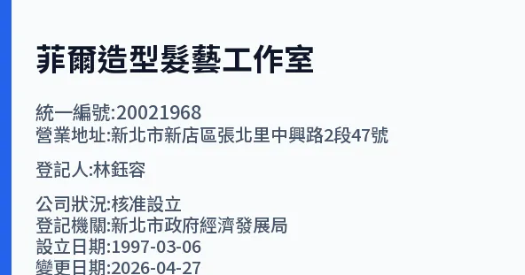菲爾造型髮藝工作室的照片-統編 20021968(新北市) 公司登記資料與營業項目詳細圖表