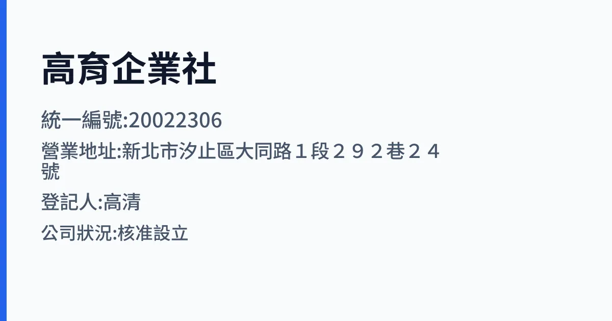 高育企業社 - 統編 20022306(新北市) 公司登記資料與營業項目詳細圖表