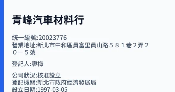 青峰汽車材料行的照片-統編 20023776(新北市) 公司登記資料與營業項目詳細圖表