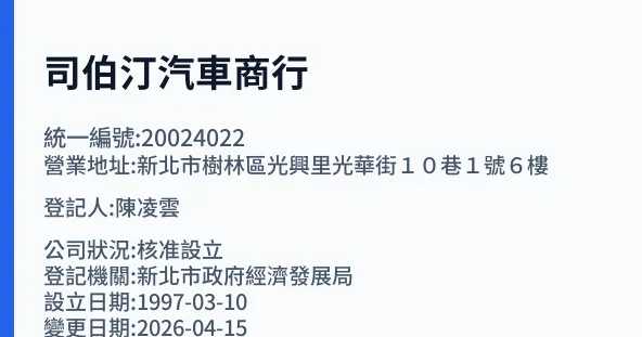 司伯汀汽車商行的照片-統編 20024022(新北市) 公司登記資料與營業項目詳細圖表
