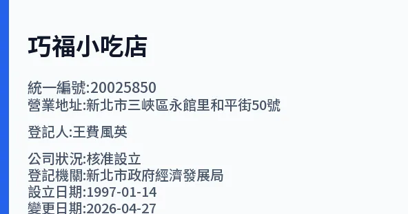 巧福小吃店的照片-統編 20025850(新北市) 公司登記資料與營業項目詳細圖表