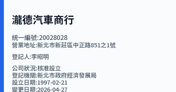 瀧德汽車商行的照片-統編 20028028(新北市) 公司登記資料與營業項目詳細圖表