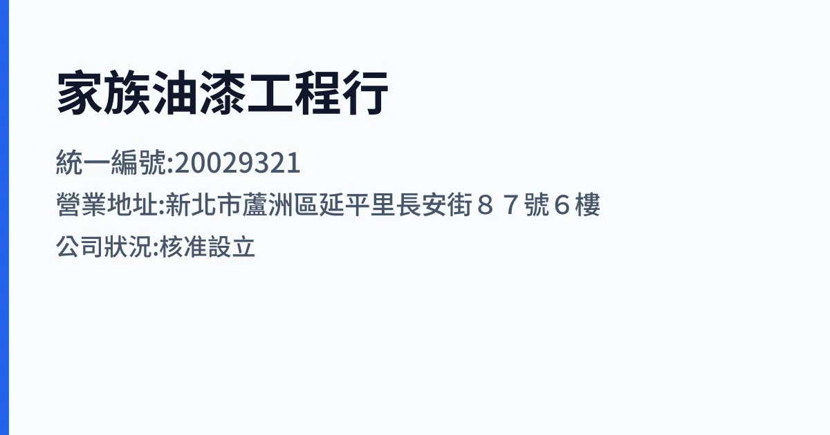 家族油漆工程行 - 統編 20029321(新北市) 公司登記資料與營業項目詳細圖表